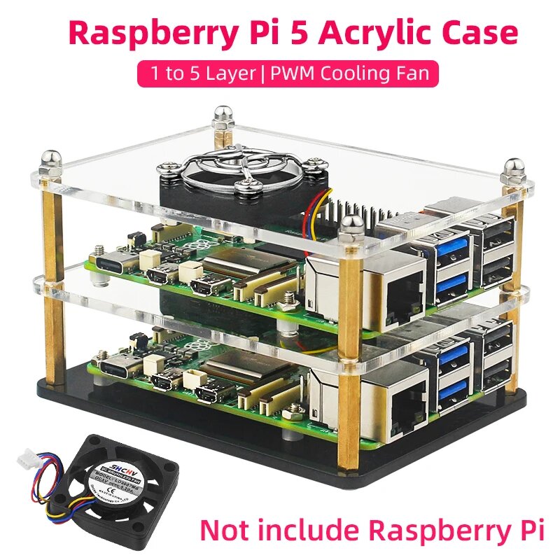 SHCHV Акриловый прозрачный корпус для Raspberry Pi 5 с вентилятором 5 Layer