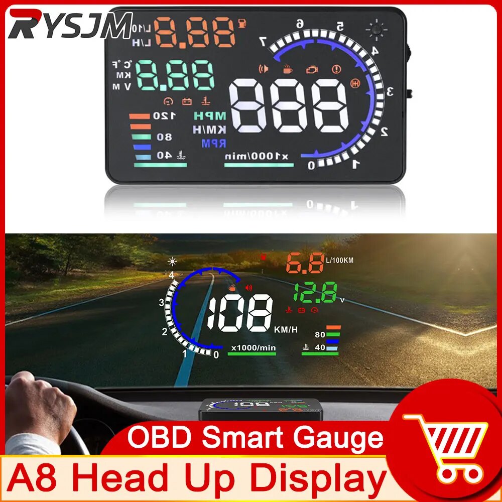 A8 OBD2 HUD Автомобильный проекционный дисплей Цифровой спидометр Проектор скорости лобового стекла с сигнализацией Скорость Температура воды Об/мин