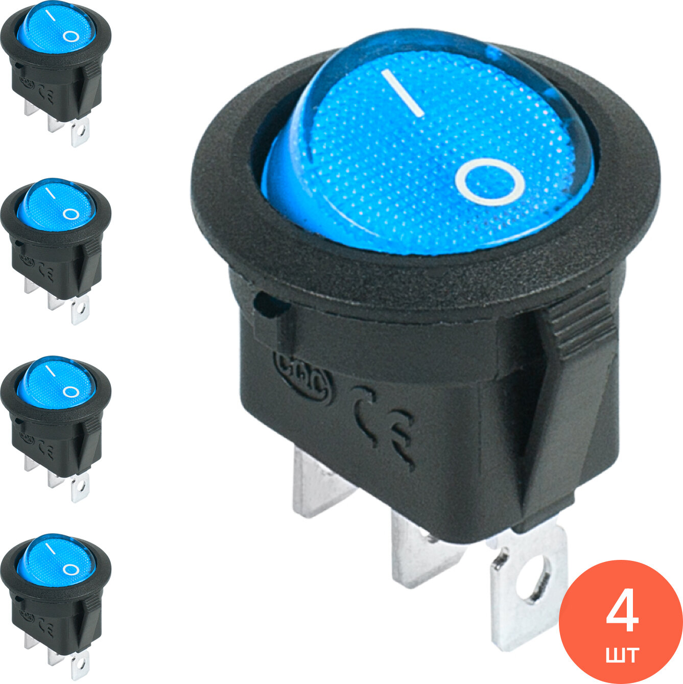 Выключатель клавишный REXANT / Рексант с подсветкой, круглой формы, в корпусе из пластика, синий, 20А 12В IP30, 2 позиции переключения / электрика (комплект из 4 шт)