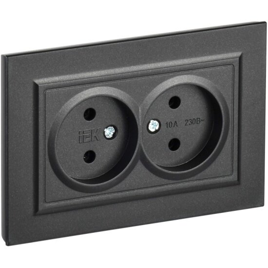 Розетка Iek 2-м СП BRITE РС12-2-БрЧ 10А в сборе без заземл. без защ. шторок черн, BR-R20-10-K02-F