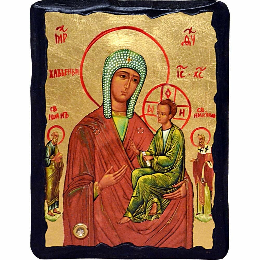 Хлебная икона Божией Матери. Афонская икона под старину с мощевиком. (17 х 23 см / под старину)