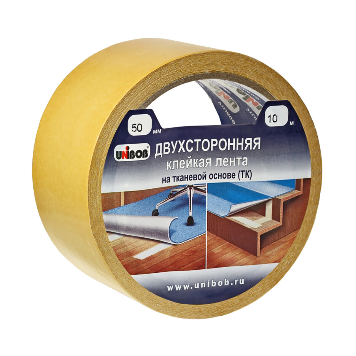 Скотч двусторонний тканевый "Unibob", 50 мм x 10 м, белый, 1шт