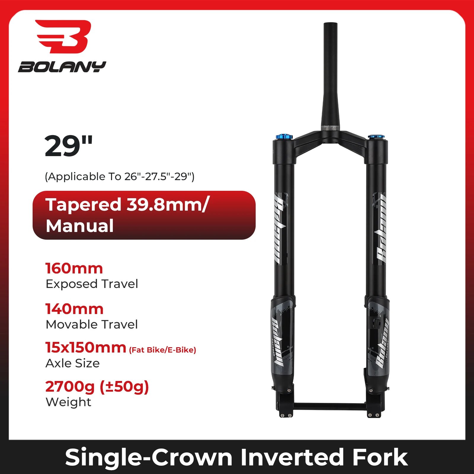 BOLANY перевернутая велосипедная вилка алюминиевая черная 29 дюймов 140 мм Axis 15x150mm Manual