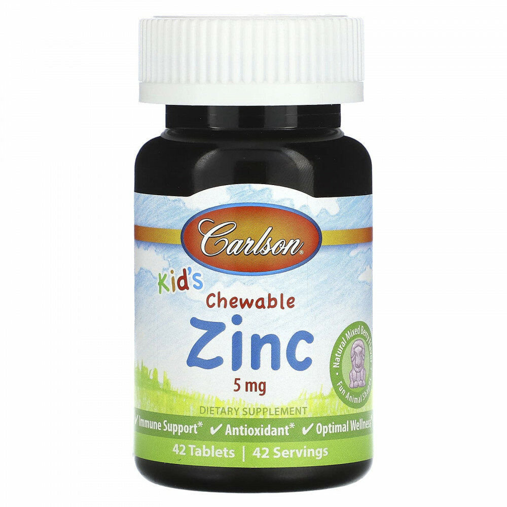 Carlson, Kid's Chewable Zinc, натуральная ягодная смесь, 5 мг, 42 таблетки