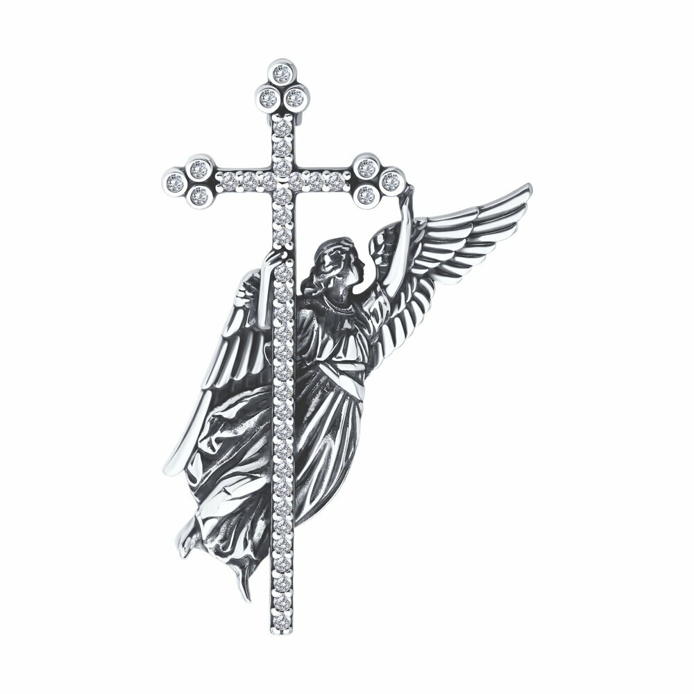 Брошь, серебро, 925 проба, чернение, фианит