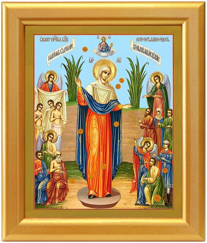 Икона Божией Матери "Всех скорбящих Радость" (с грошиками), в широкой золотой деревянной рамке 21,5*25 см