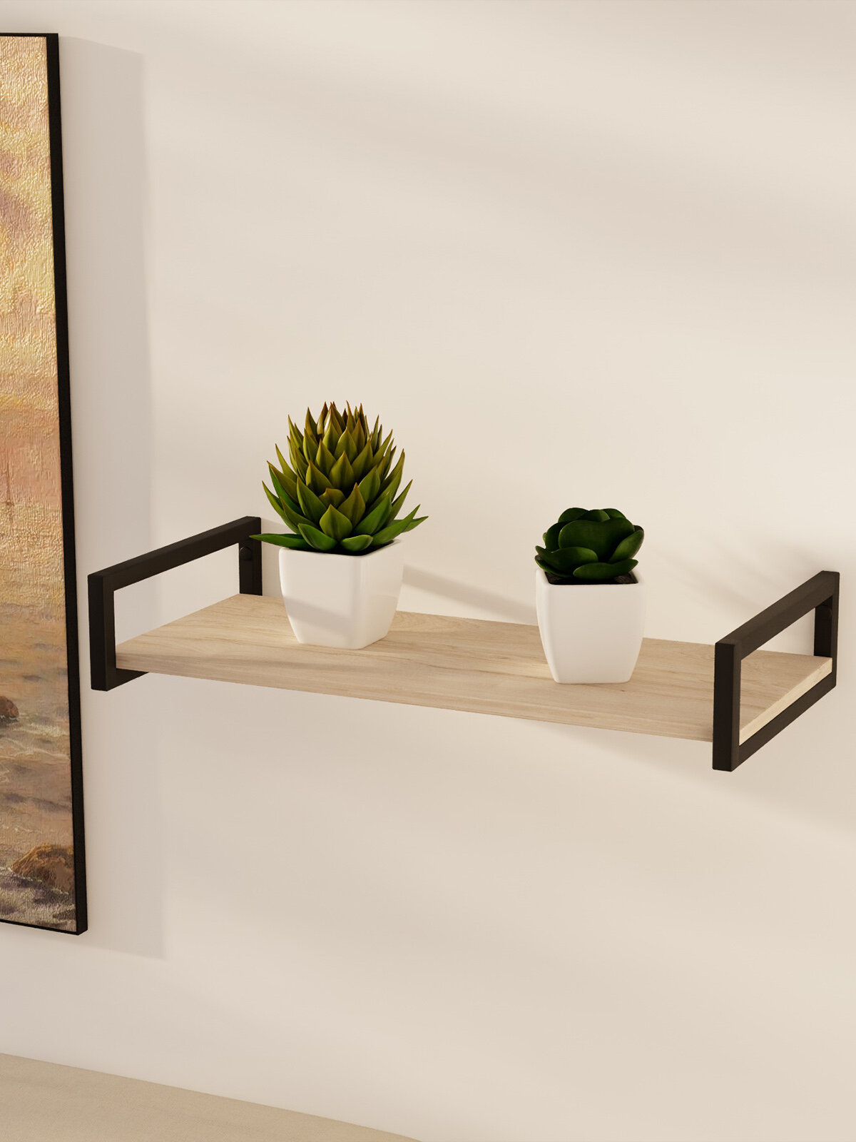 Настенная полка IamLoft, лофт, открытая, универсальная, ЛДСП/металл, дуб молочный, 69x33x12 см