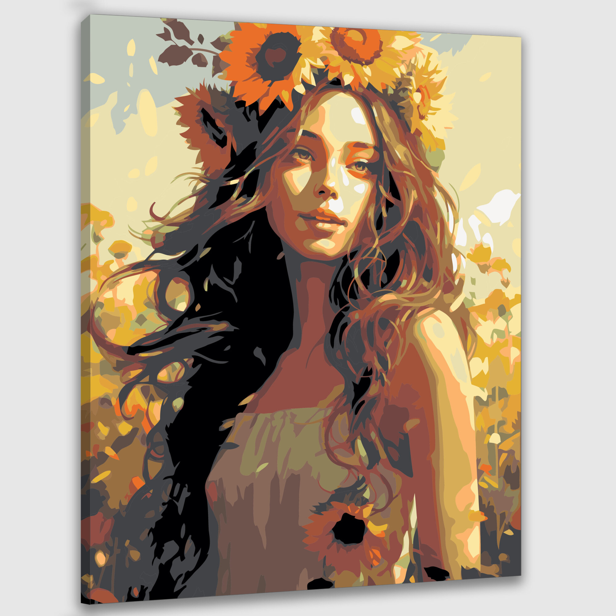 Картина по номерам 40x50 см, девушка, длинные волосы, заплетенные в косу, цветочная корона, букет подсолнухов