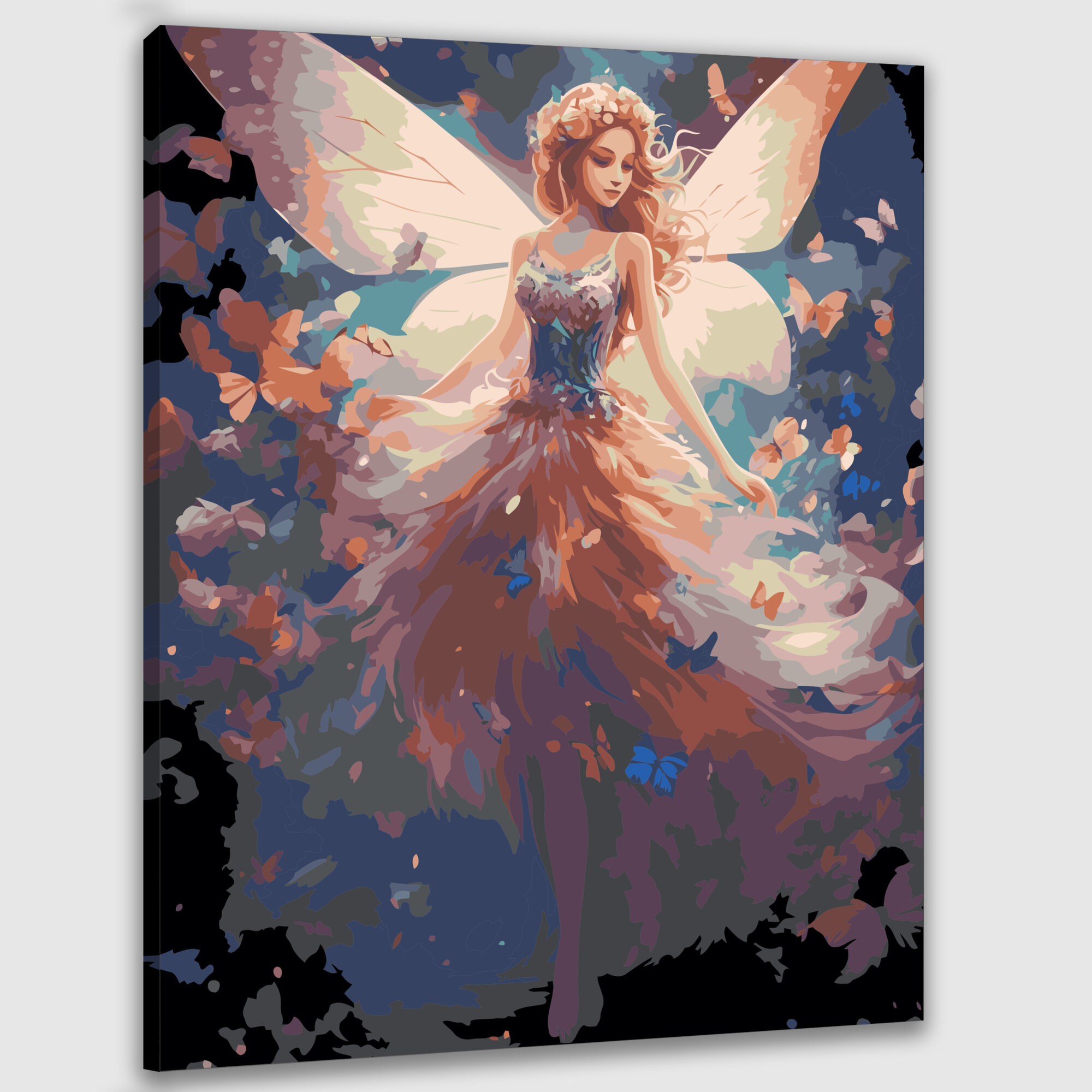 Картина по номерам 40x50 см, фея, бабочки, сад цветов, крылья, платье, сияние, узоры, текстура, волшебство, чудо