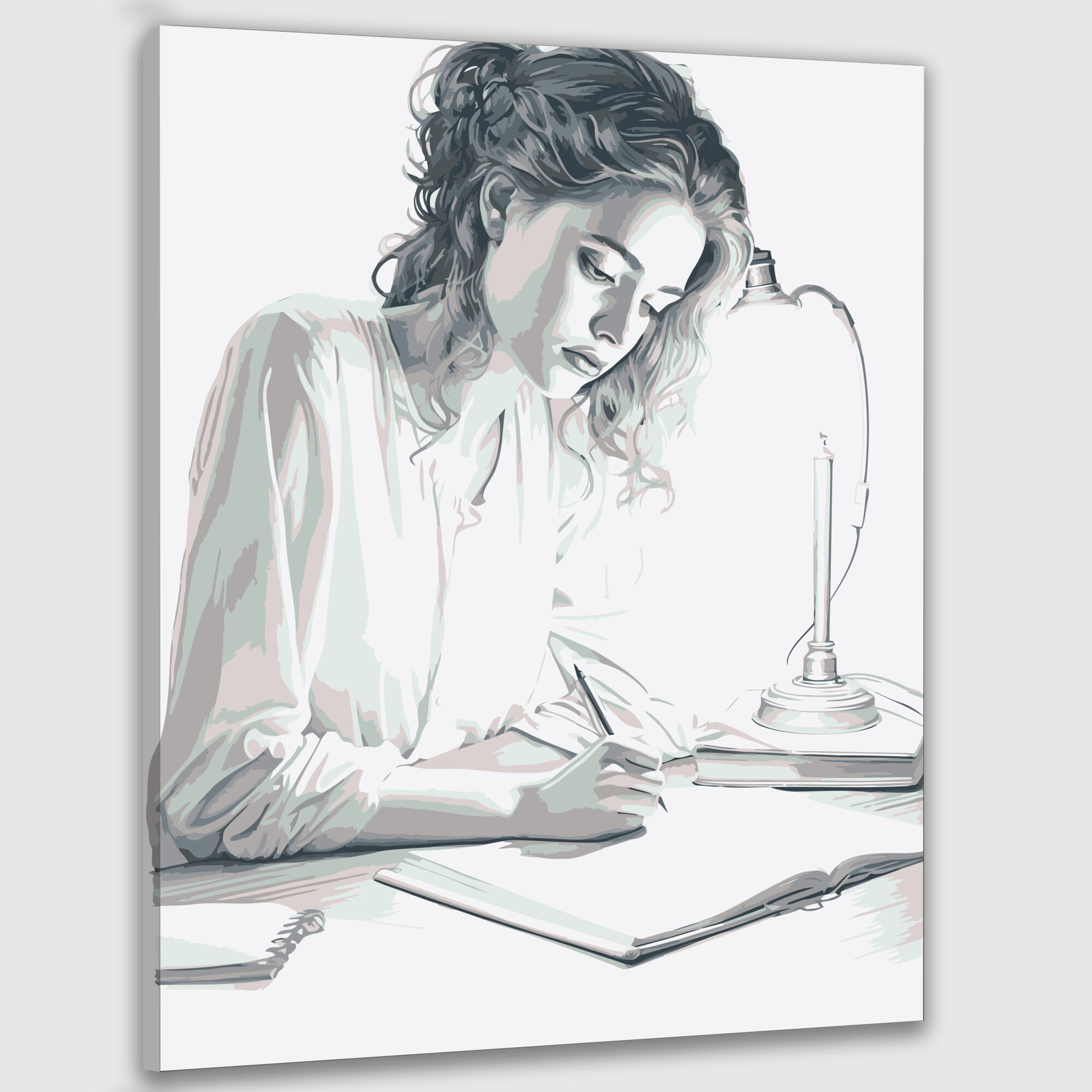 Картина по номерам 40x50 см, карандашный набросок, девушка, работа, лицо, свет лампы, линии, безмятежность