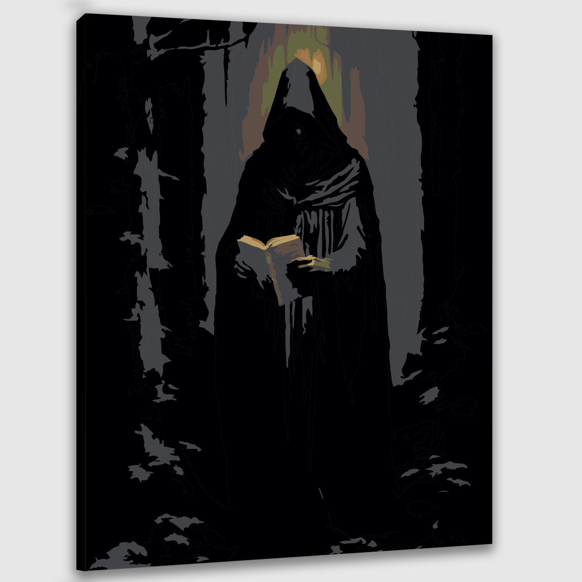 Картина по номерам 40x50 см, картина, масло, фигура, плащ, лес, лунный свет, гримуар, свеча, тень, таинственность