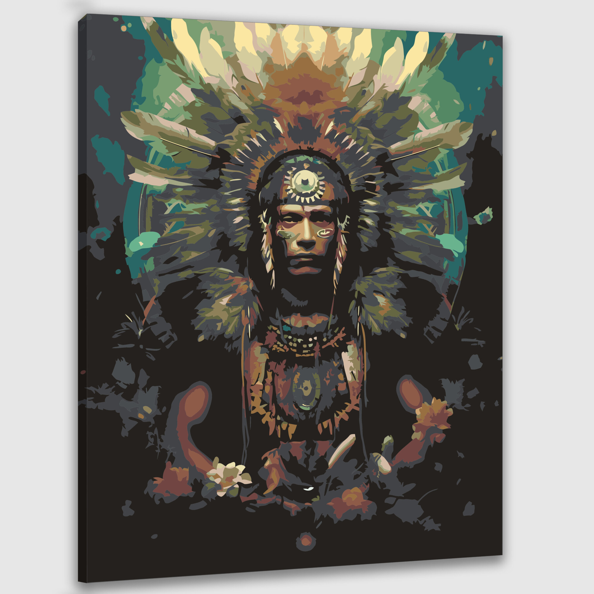 Картина по номерам 40x50 см, мистическая, цифровая, картина, шаман, перья, племенные узоры, духи природы