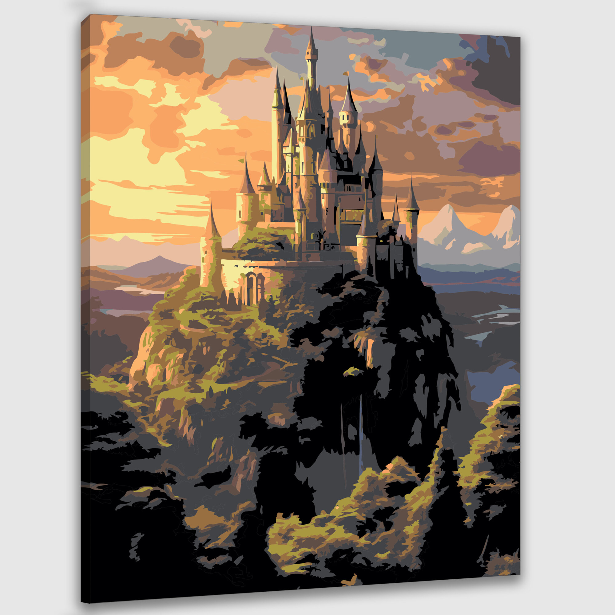 Картина по номерам 40x50 см, замок, исторический, башни, стены, холм, зеленый, сила, благородство, солнце, закат