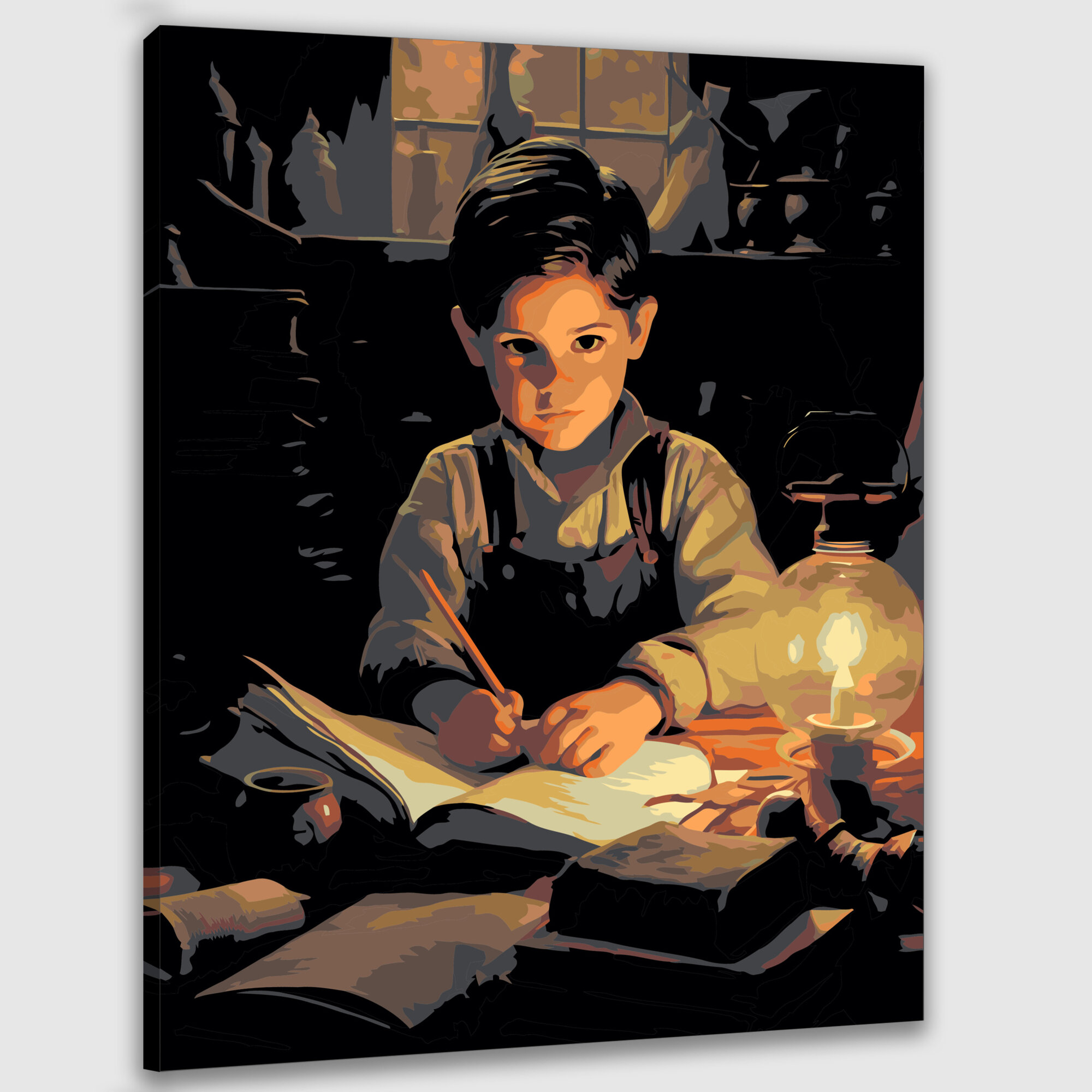 Картина по номерам 40x50 см, картина, масло, мальчик, стол, книги, диаграммы, свет, окно, лицо, страницы, мазок, цвета