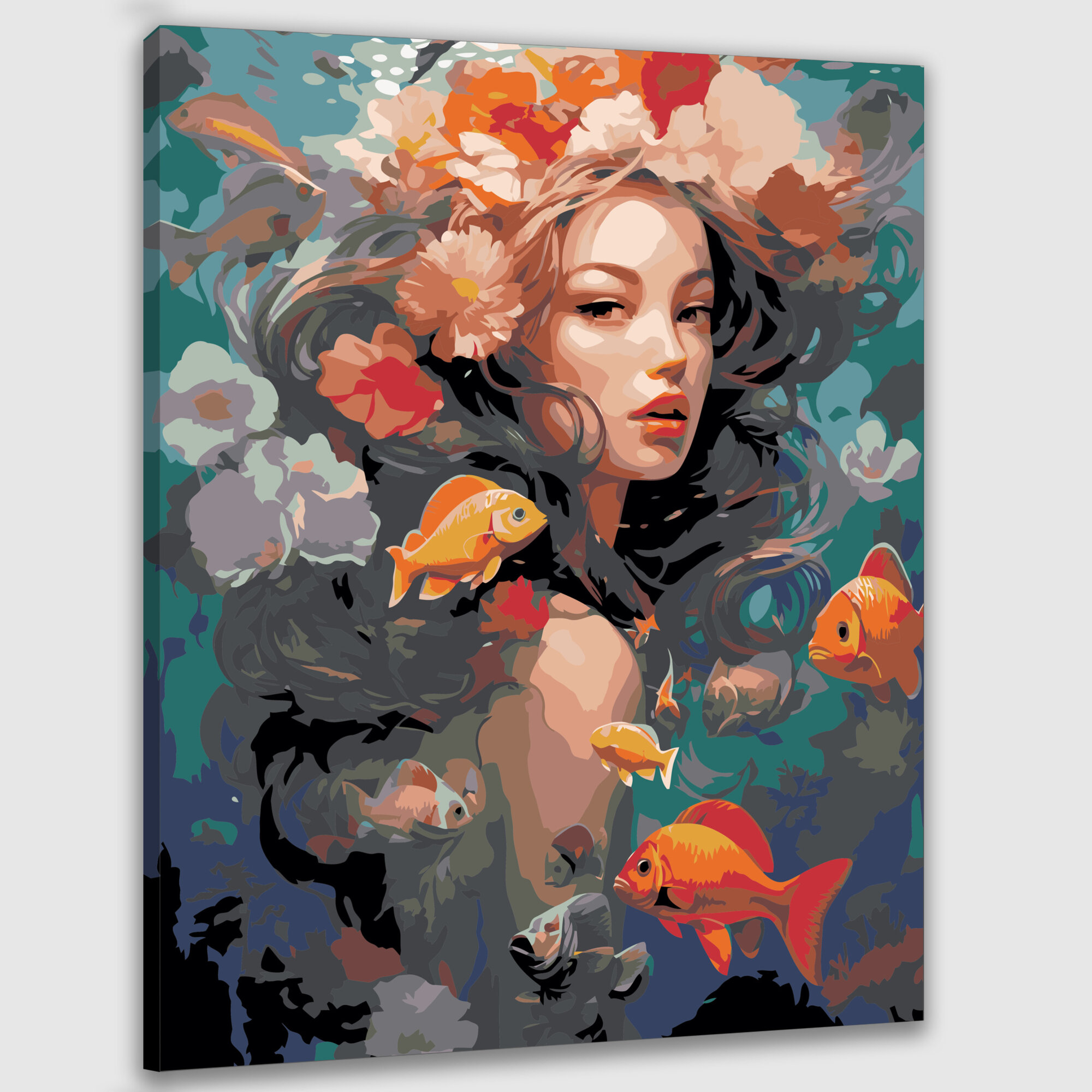 Картина по номерам 40x50 см, русалка, цифровая иллюстрация, подводный мир, коралловые рифы, тропические рыбы, яркий