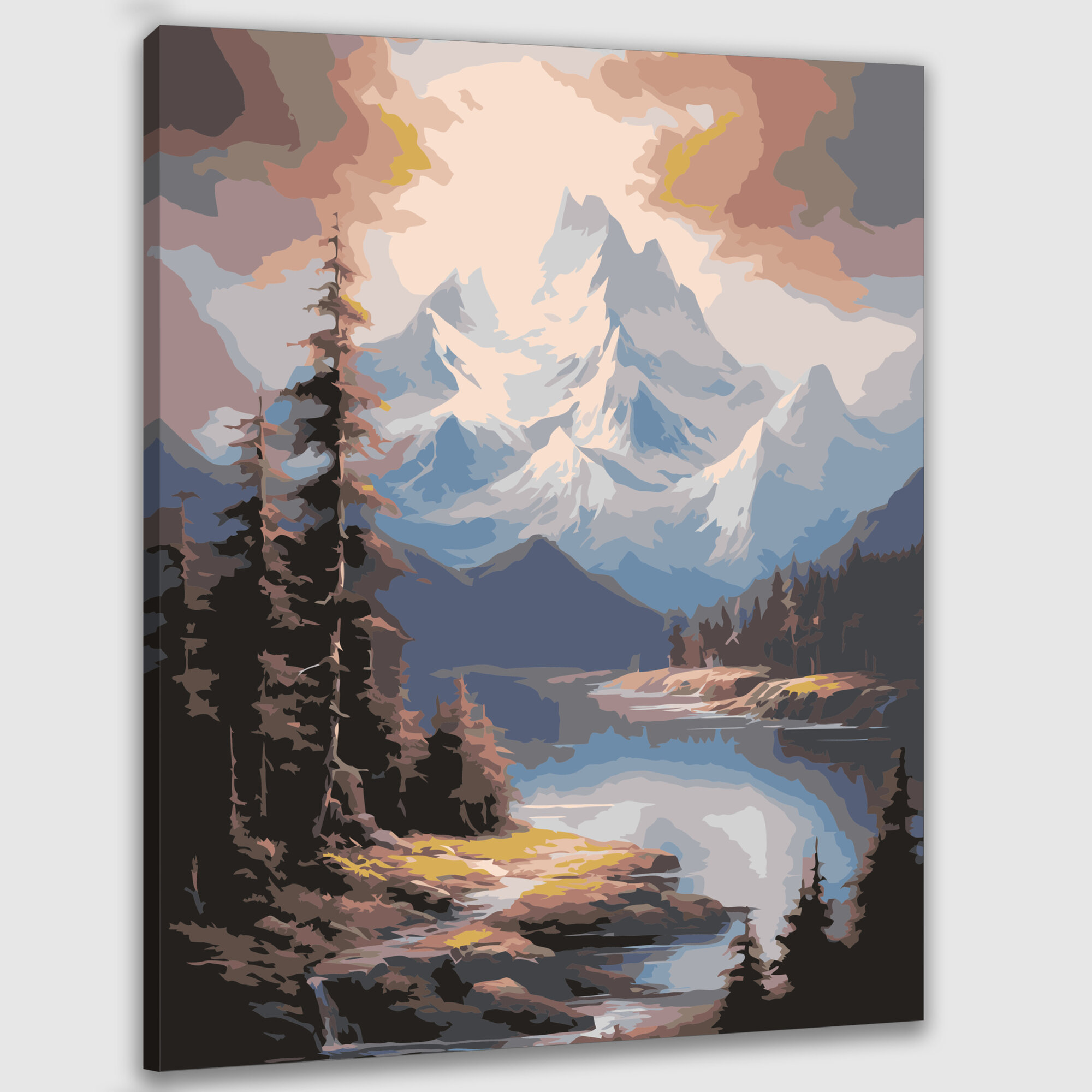 Картина по номерам 40x50 см, горы, заснеженные вершины, солнечный свет, глубина, текстура, ландшафт, тропа, цвета