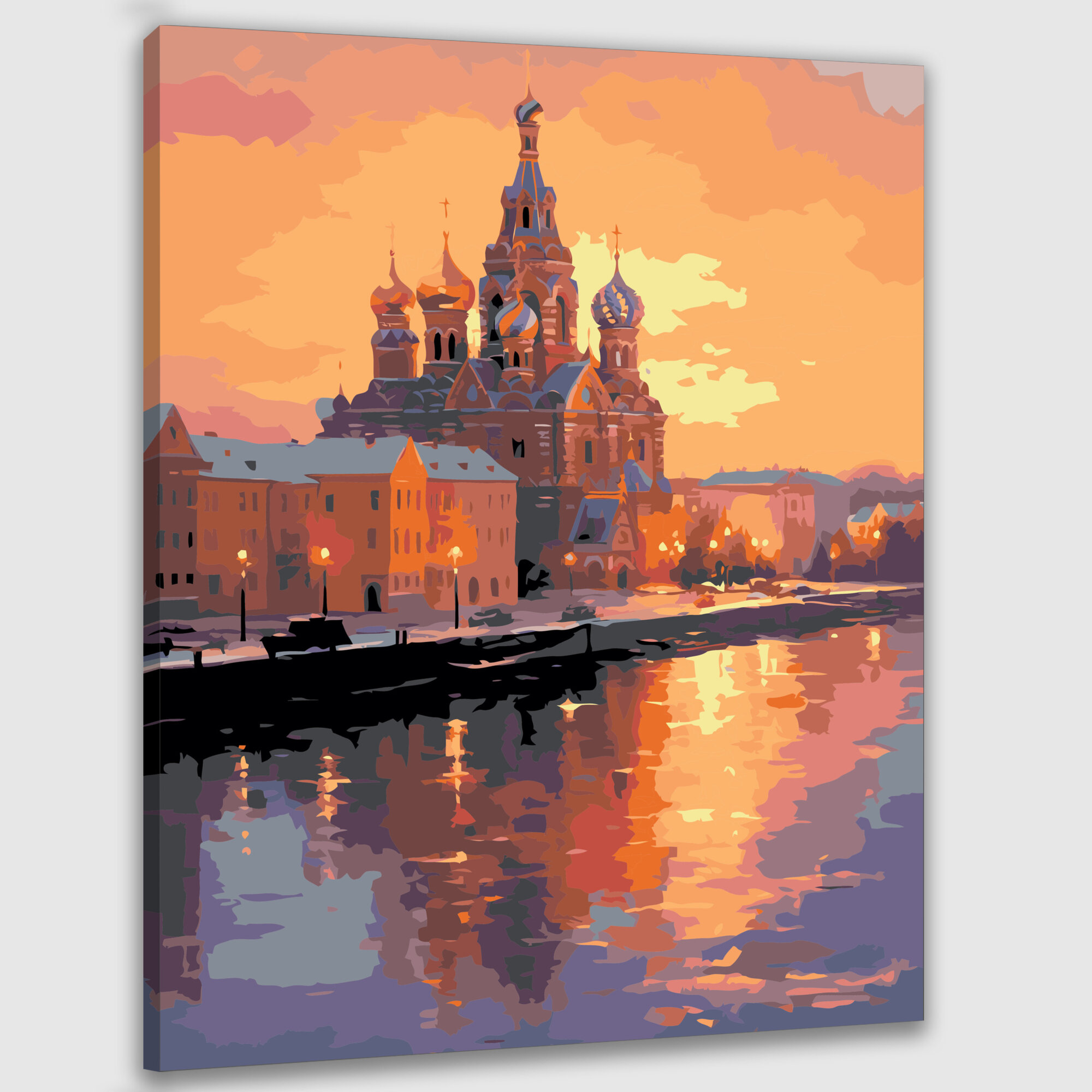 Картина по номерам 40x50 см, картина маслом, Санкт-Петербург на закате, золотые купола храма Спас, оранжевый свет, Нева