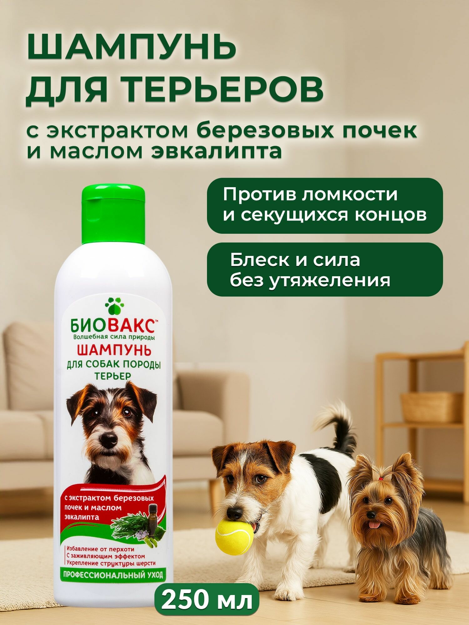 БиоВакс Шампунь для собак породы терьер, с экстрактом березовых почек и маслом эвкалипта, 250 мл