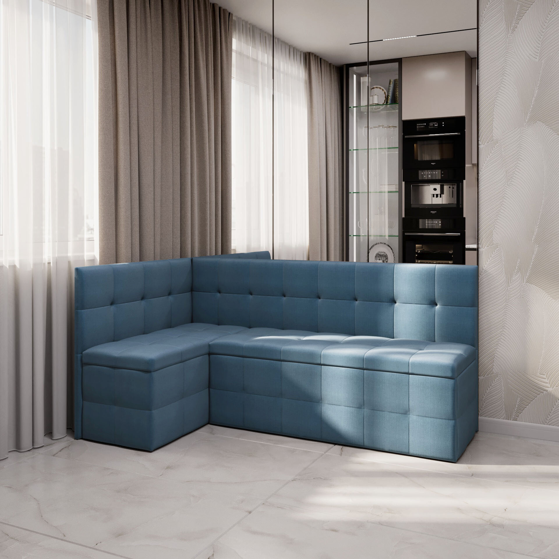 Диван кухонный угловой "Домино" D@E Factory со спальным местом, рогожка Саванна плюс блю, угол универсальный