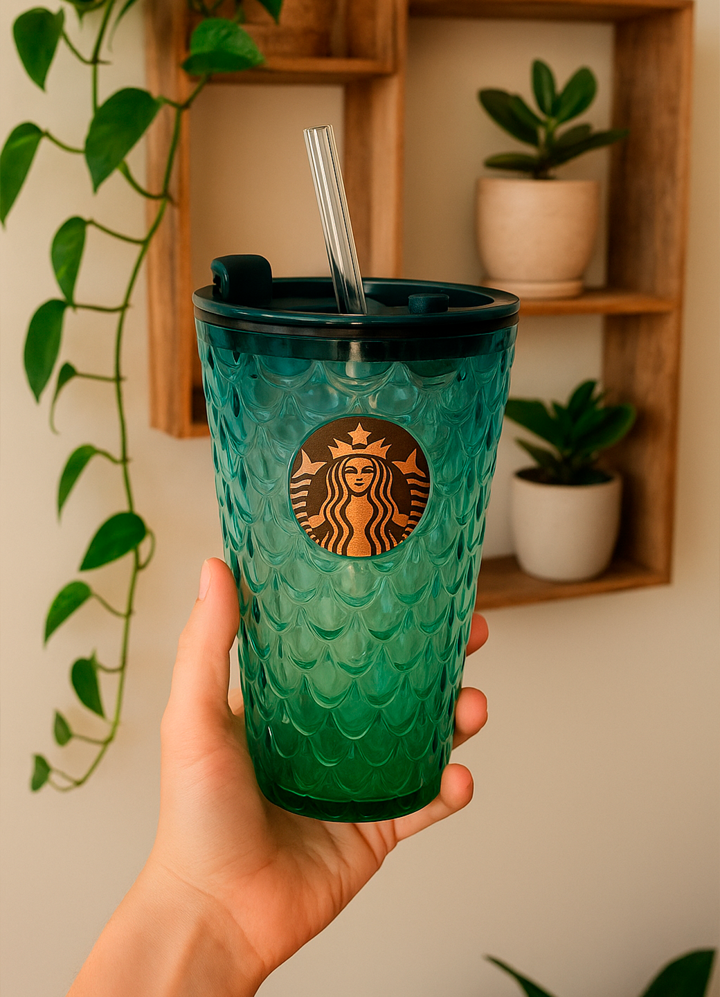 Стакан стеклянный Limited Edition, зелено-голубой, стеклянная трубочка, пластиковая крышка, 500 мл