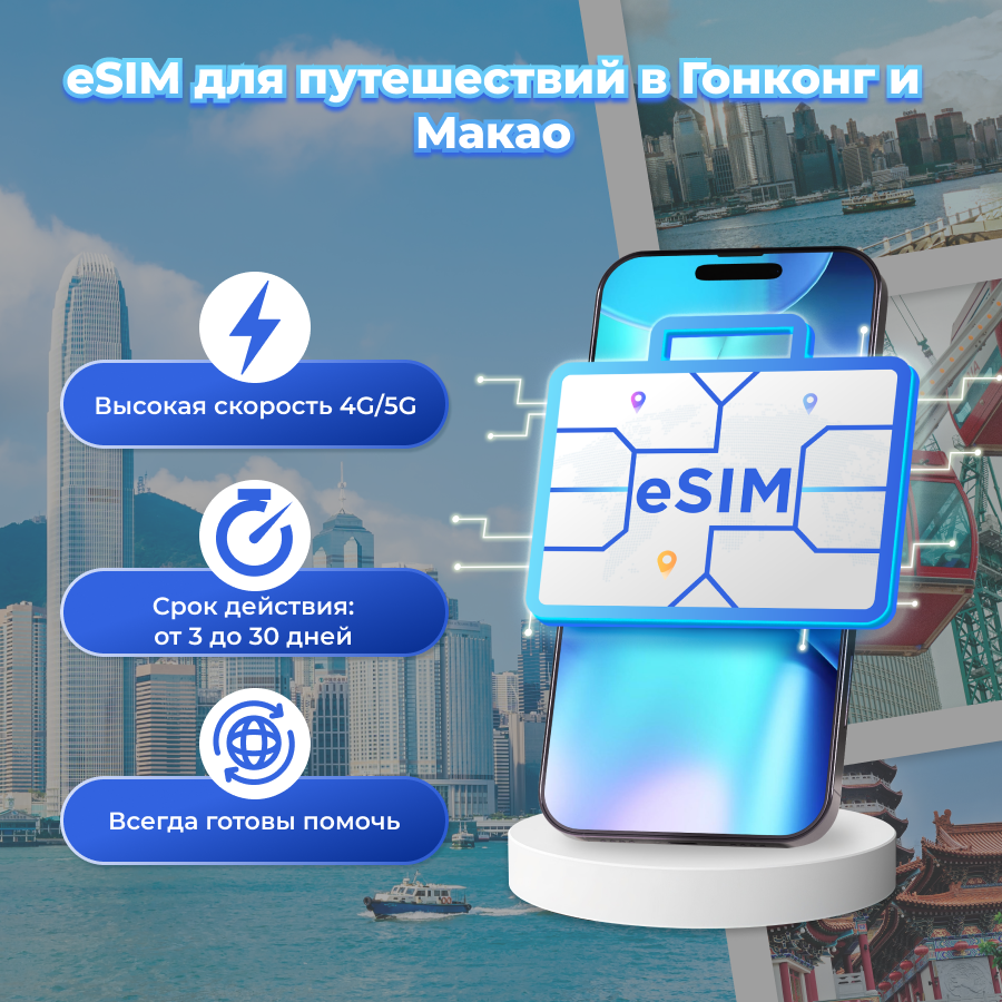 Гонконг eSIM-карта 0,6 ГБ/день на 1 день туристическая сим