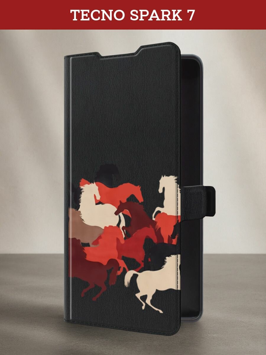 Чехол-книжка на Tecno Spark 7 / Текно Спарк 7 с рисунком Табун коней, черный