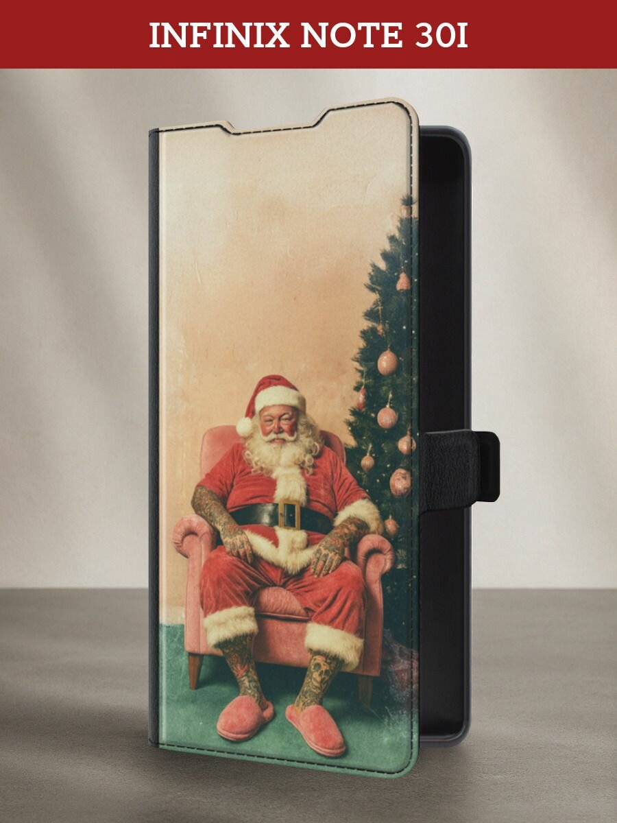 Чехол-книжка на Infinix Note 30i / Инфиникс Нот 30i с рисунком Крутой Дед-Мороз, черный