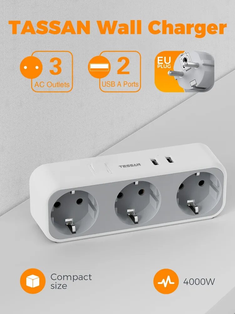 Тройник для розетки TESSAN с 3 портами переменного тока и 2 портами USB-A, блок питания 5 в 1, с выключателем, подходит для домашнего офиса, серая