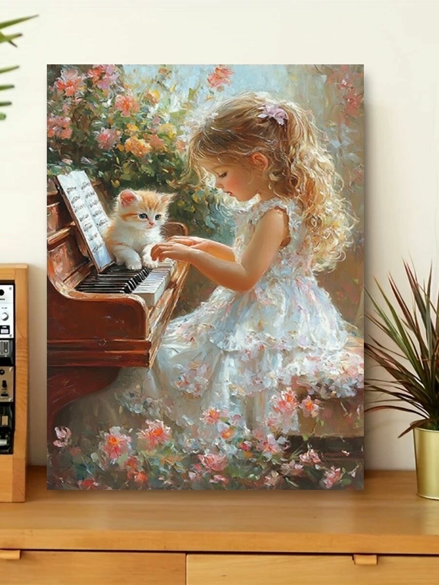 Декоративная картина на холсте: девочка и котёнок за пианино