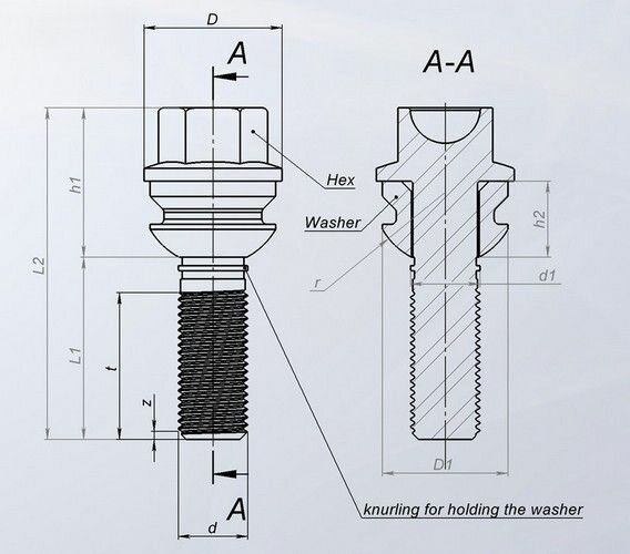 Болт колесный M14x1,5x34x66, сфера R14, кл.19, дакромет для а/м VW/Porsche/Audi, AIRLINE ABLT004