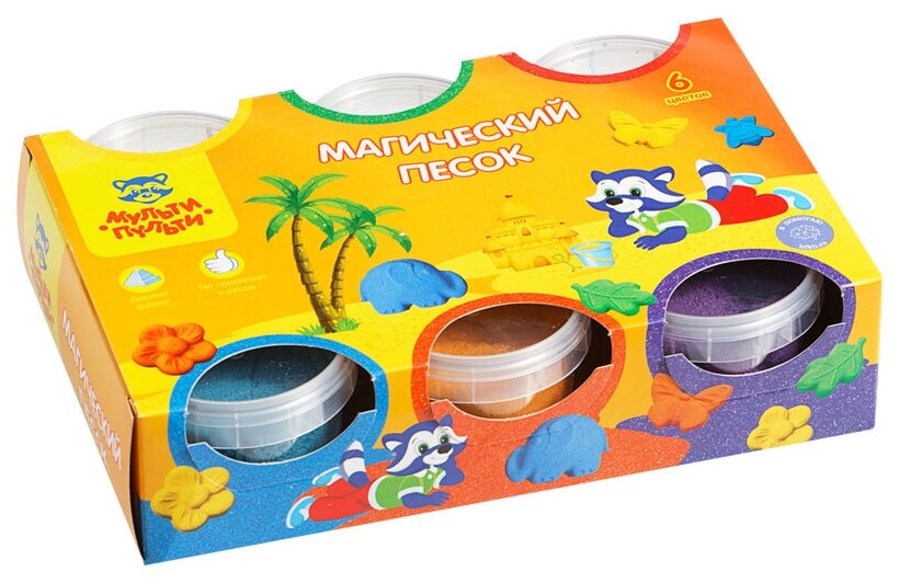 Песок для лепки Мульти-Пульти "Приключения Енота", 06 цветов, 840г, 2 формочки