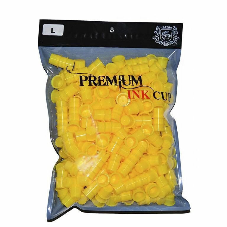 Тату колпачки под краску, eмкости для пигментов, капсы для татуажа Premium ink cup Yellow 15мм, 400 шт