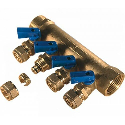 TIM Коллектор с шаровыми кранами 3/4"х16ц -6 выходов красные+синие, латунный 200-3/4B