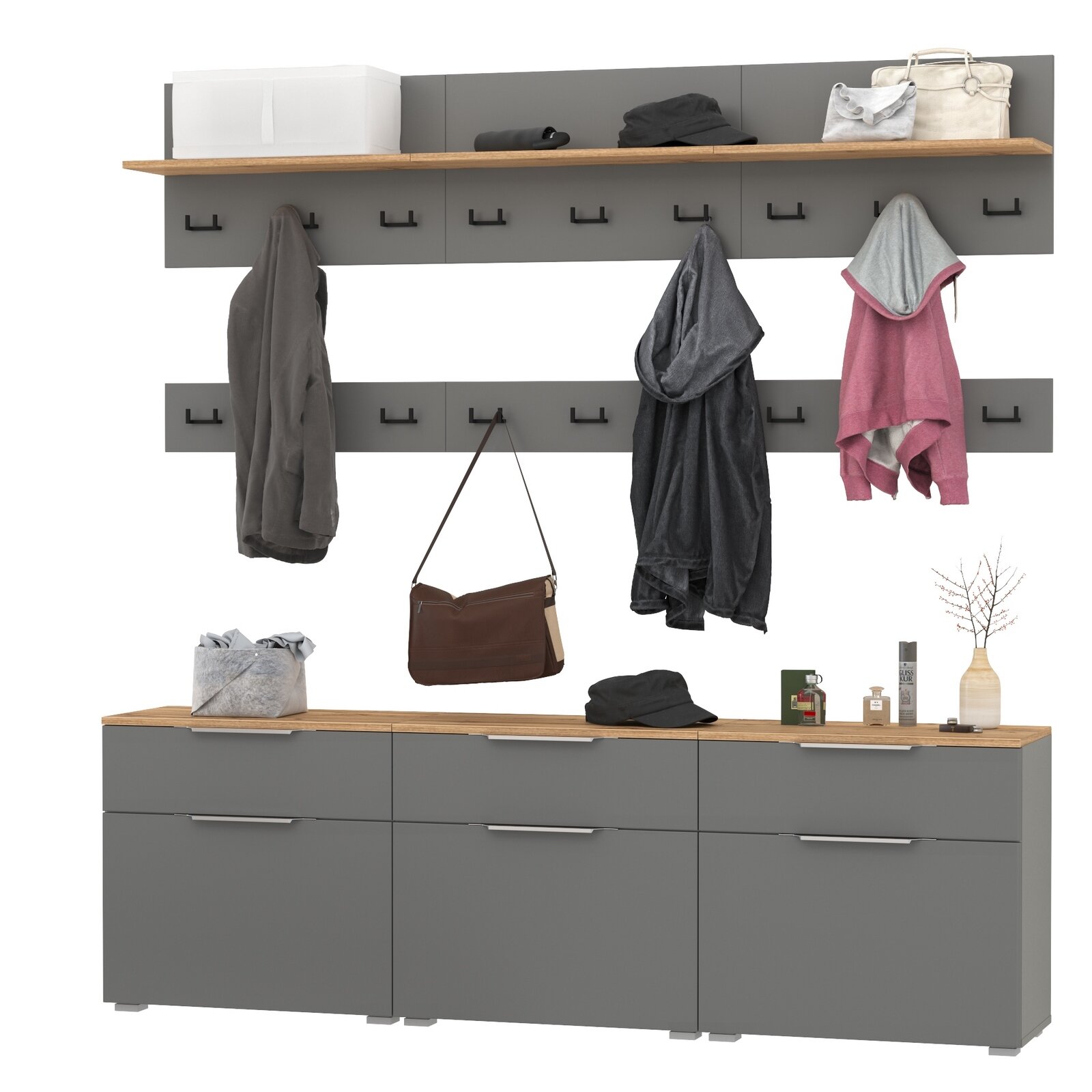 Три обувницы с вешалкой в узкую прихожую Моби Октава цвет серый графит/дуб крафт золотой, 194,7х35,4х197 см