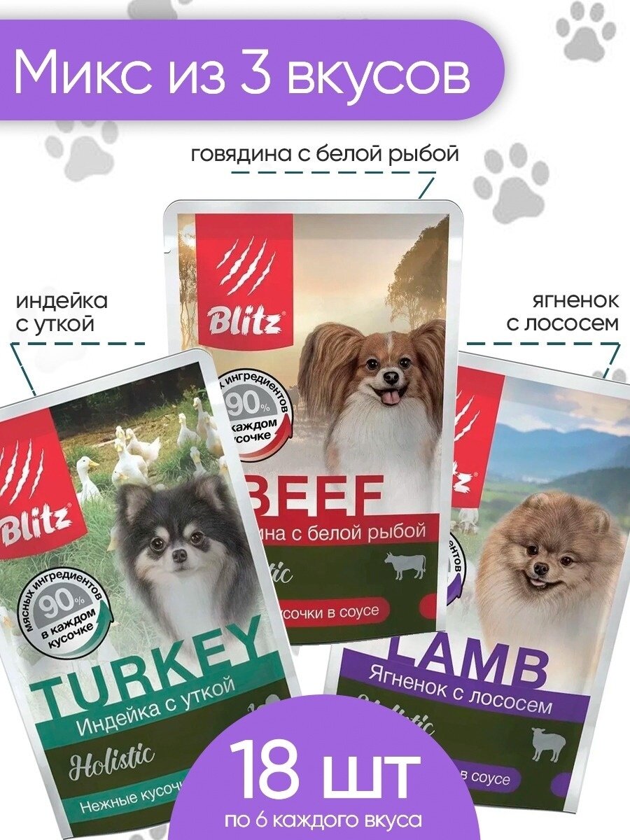 BLITZ / Корм влажный для собак, паучи, микс из 3 вкусов (говядина, индейка, ягненок) 18 шт. по 85 г