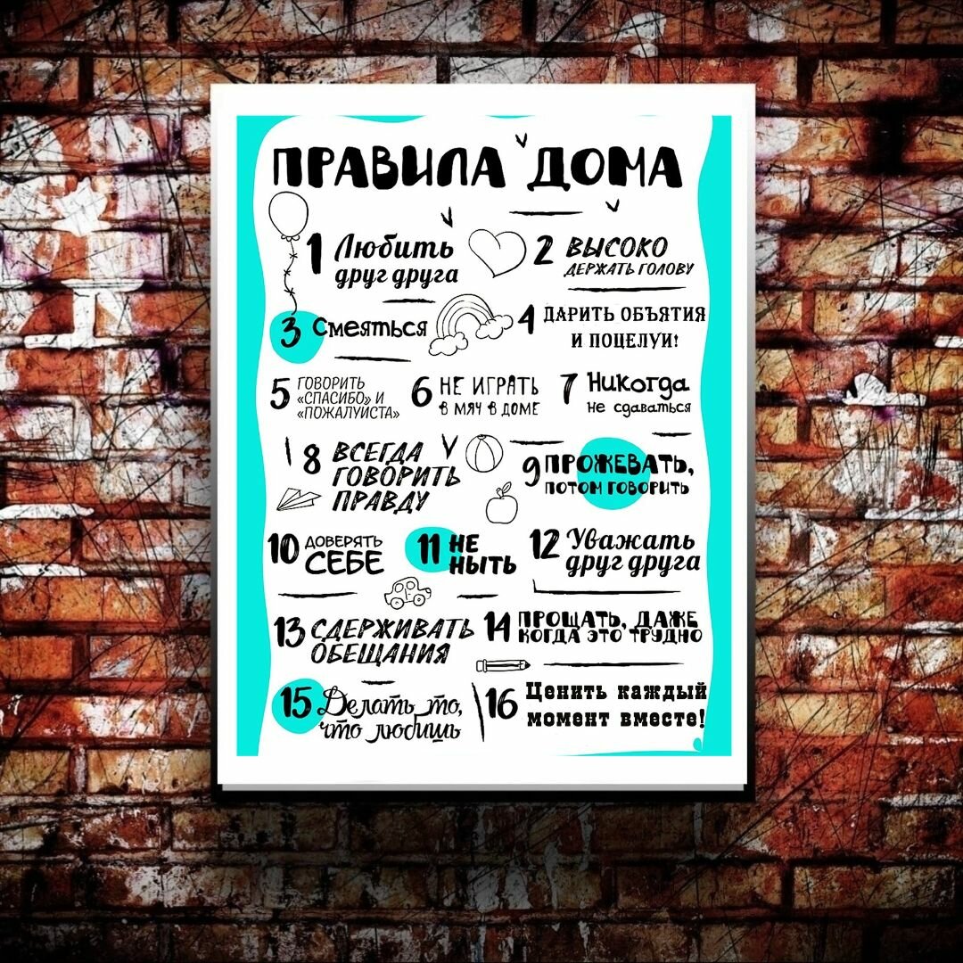 Постер с правилами дома в голубом окаймлении для интерьера А3