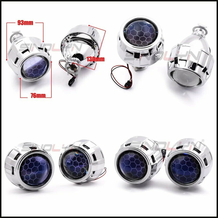 Биксеноновые линзы Sinolyn 2,5 дюйма с двумя ангельскими глазками для фар H7 H4, With Mini Shrouds