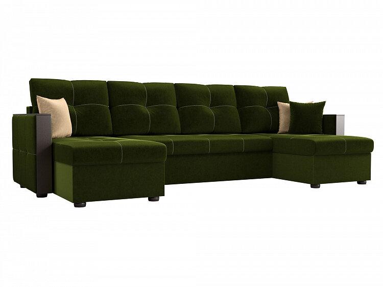 Угловой диван П-образный Валенсия Люкс зеленый, дельфин, 303х150х85 см, с ящиком для белья