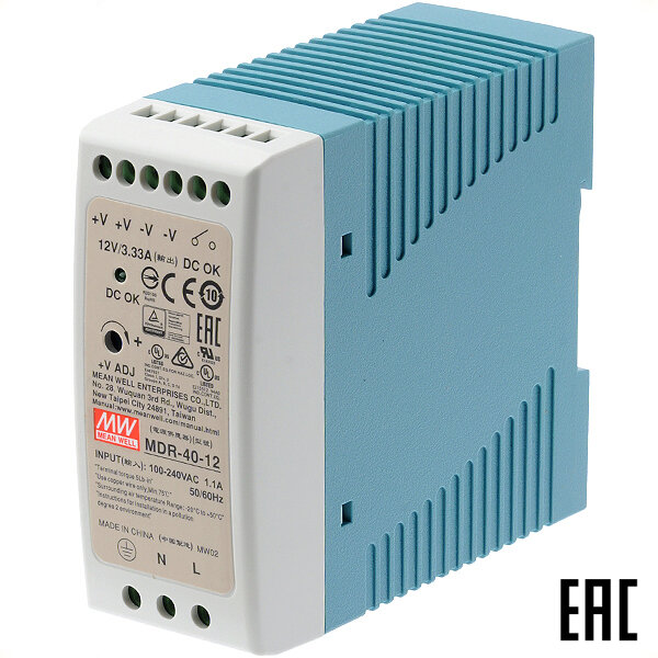 Блок питания MDR-40-12 1ф выход 12В постоянного тока 3,3А стабилизированный (Mean Well)