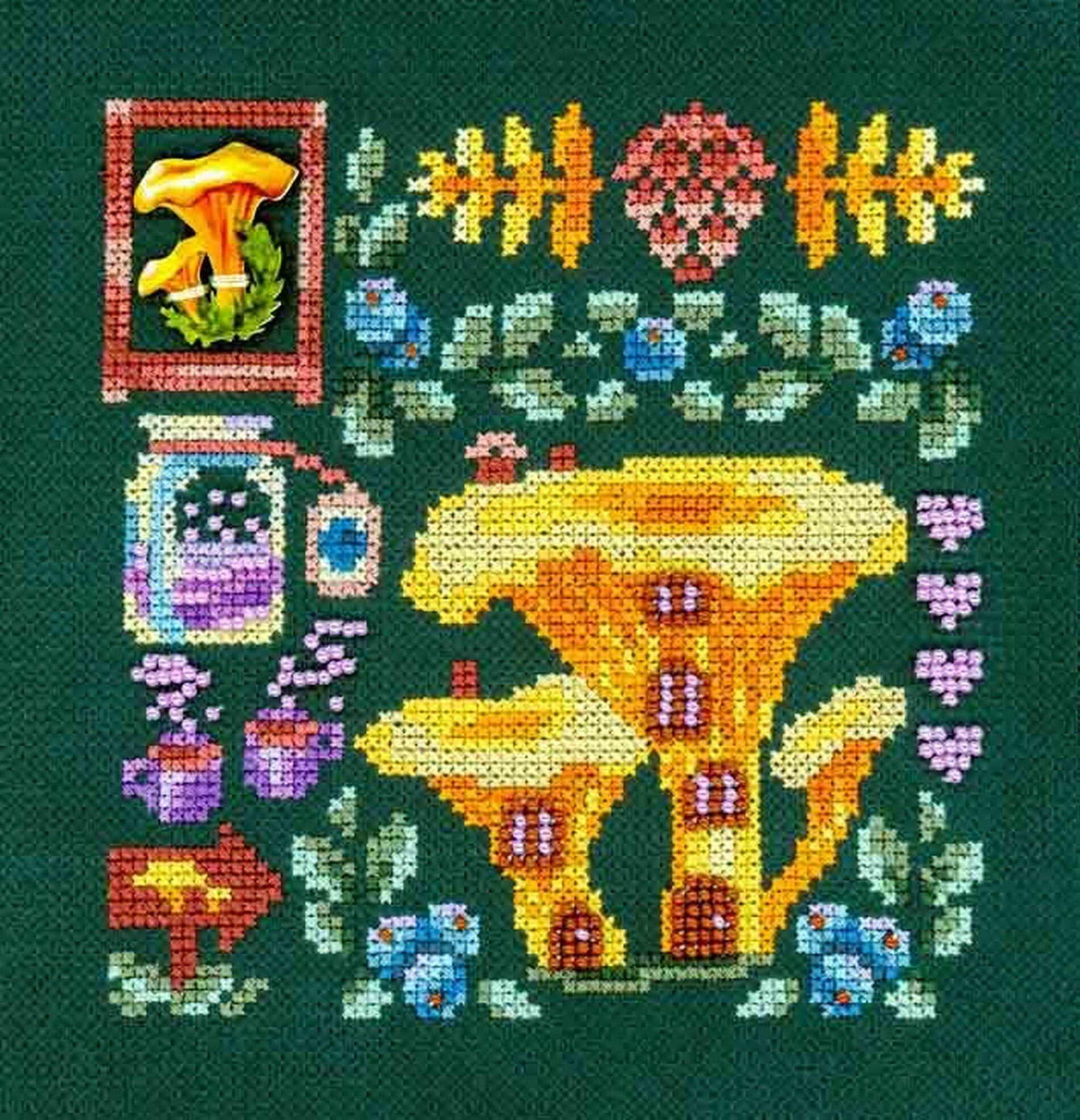 Вышивка Мини-семплер. Домик из лисичек 13x13 см.