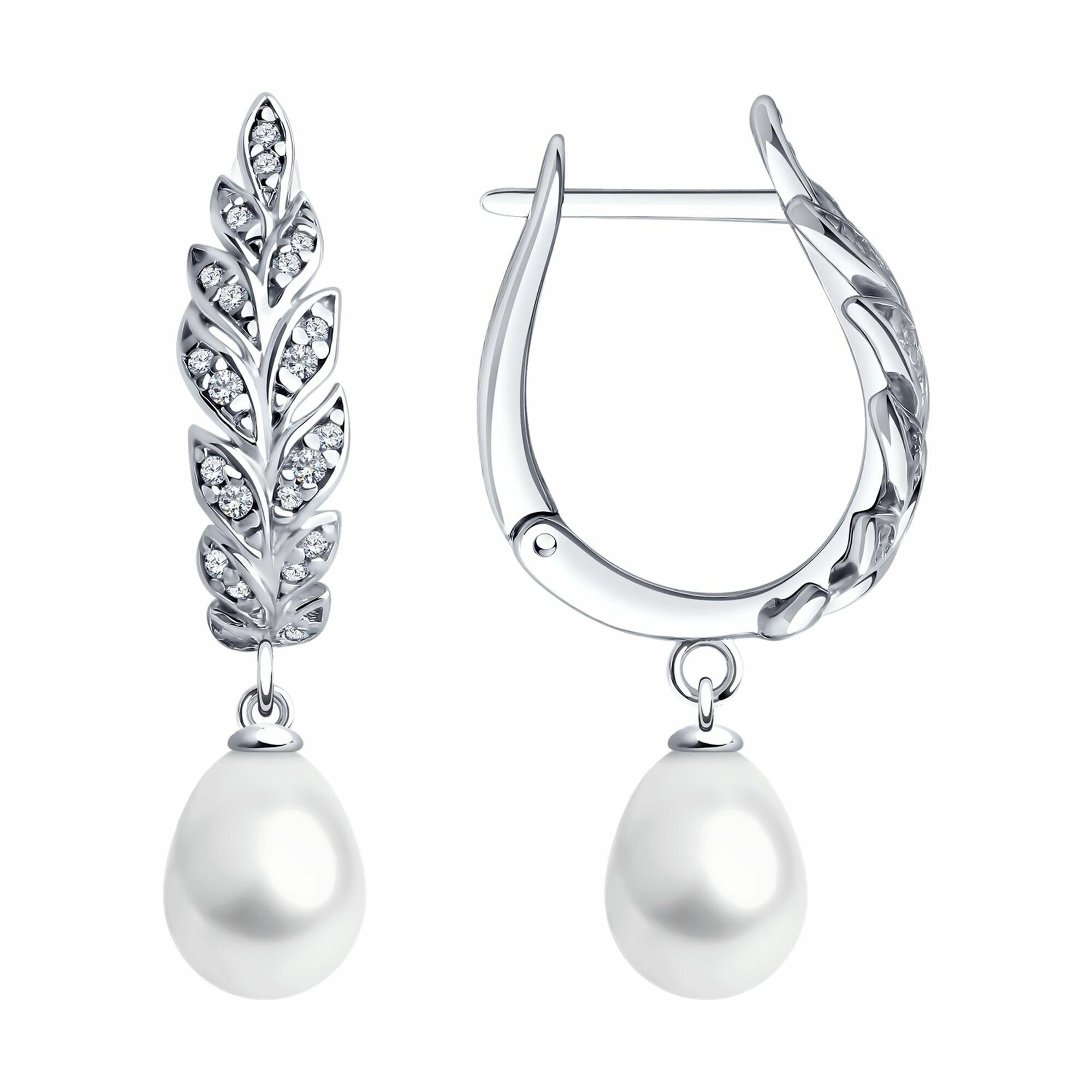 Серьги, серебро, 925 проба, родирование, жемчуг, фианит