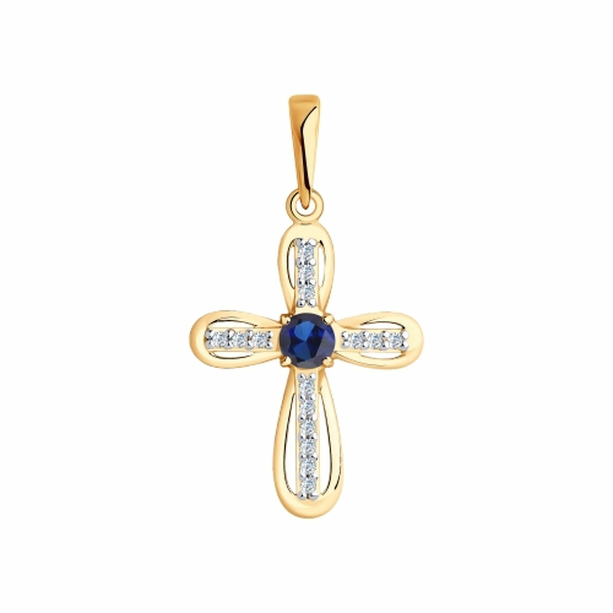 Крестик, красное золото, 585 проба, корунд, фианит