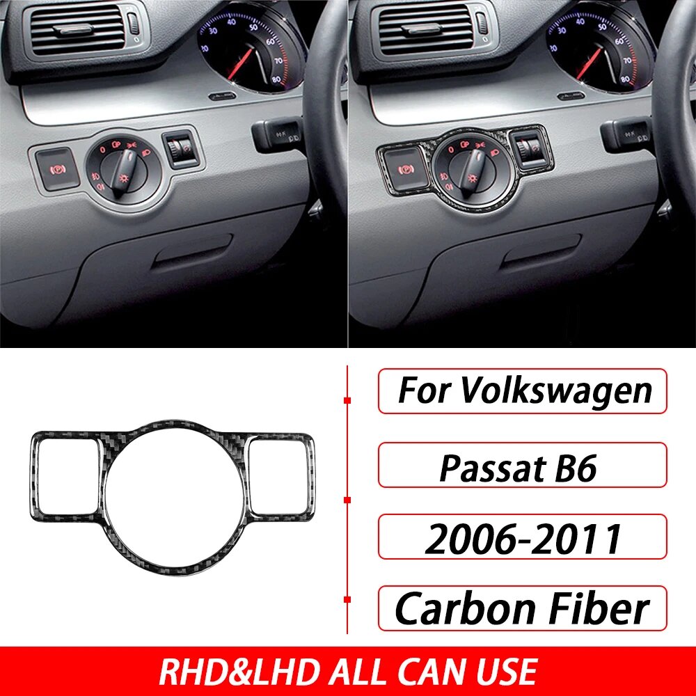 Для Volkswagen VW Passat B6 2006-2011 автомобильные аксессуары из углеродного волокна, панель переключателя фар, внутренняя наклейка, модификация Black