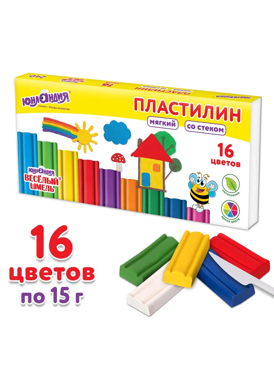 Пластилин мягкий "веселый шмель", 16 цветов, 240 г, со стеком