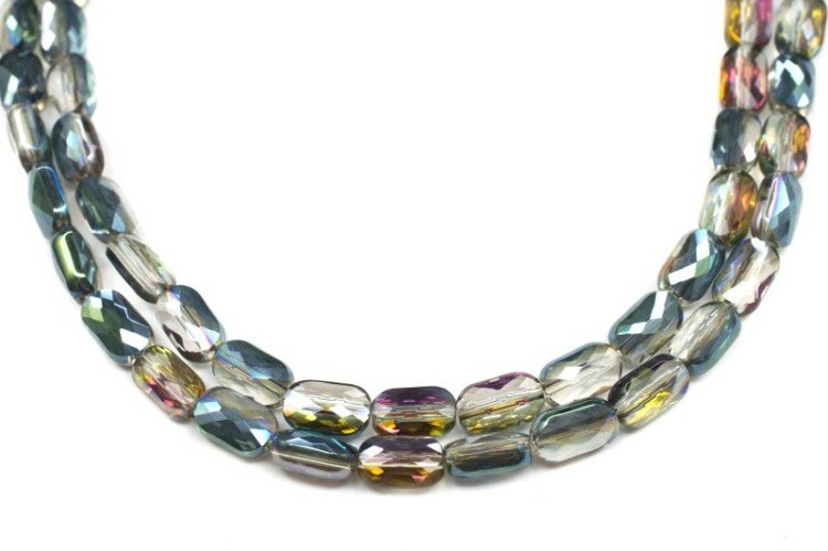 Бусина стеклянная овальная плоская 7х4х3мм, цвет разноцветный перелив, гальваническое покрытие, 547-023, 1 нить (около 50 см, около 70 бусин)