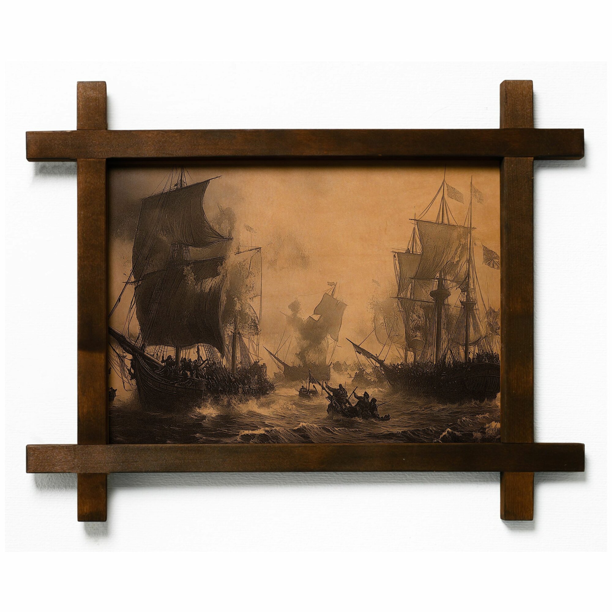 Интерьерная картина из натуральной кожи "Сражение пиратских фрегатов", декоративное настенное панно в деревянной раме, BoomGift