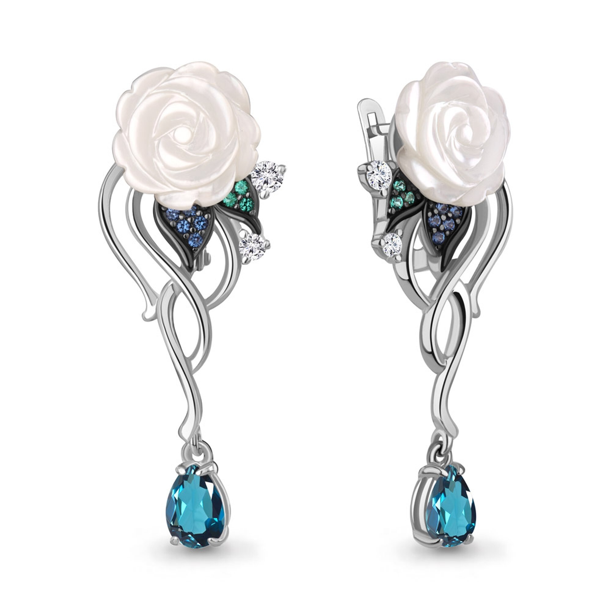 Серьги, серебро, 925 проба, родирование, фианит, изумруд синтетический, перламутр, сапфир синтетический, Лондон топаз