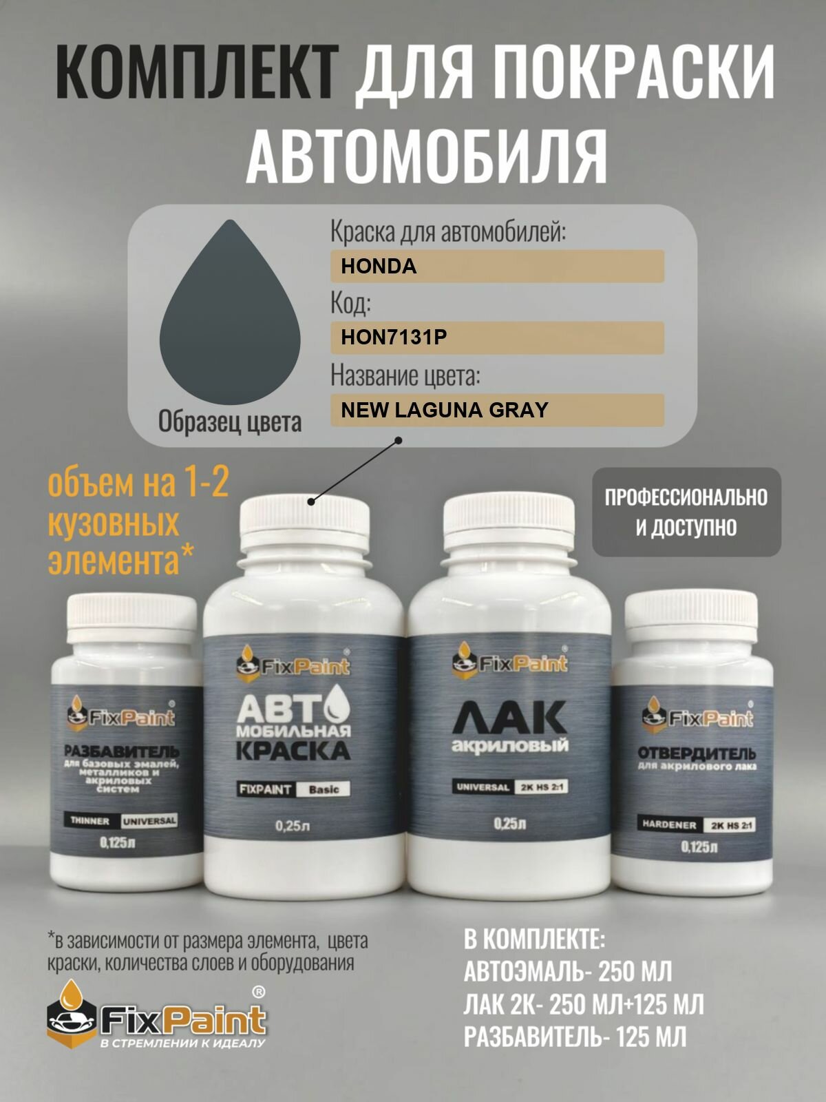 Комплект для покраски HONDA, код HON7131P, NEW LAGUNA GRAY, базовая автомобильная эмаль 250 мл, лак 2K 250 мл с отвердителем, разбавитель 125 мл, FixPaint Pro