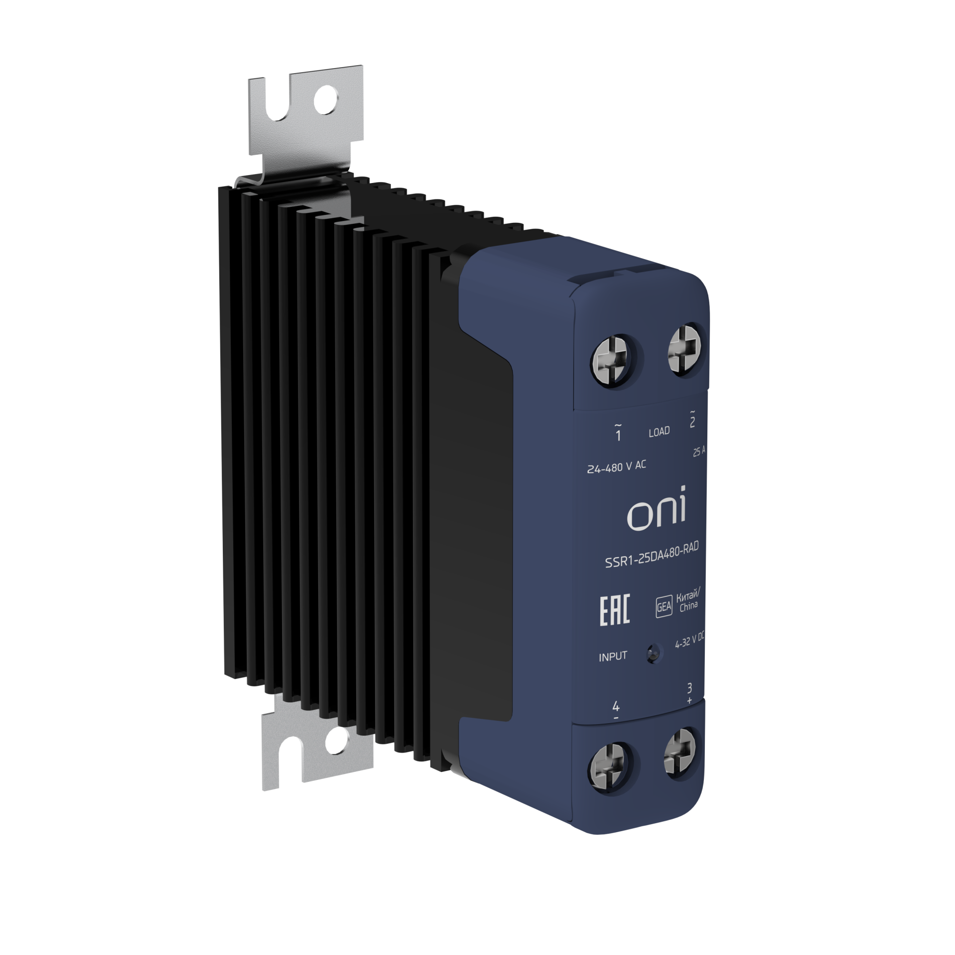 Реле твердотельное SSR1 25А 4-32В DC 24-480В AC с радиатором ONI, IEK SSR1-25DA480-RAD (1 шт.)