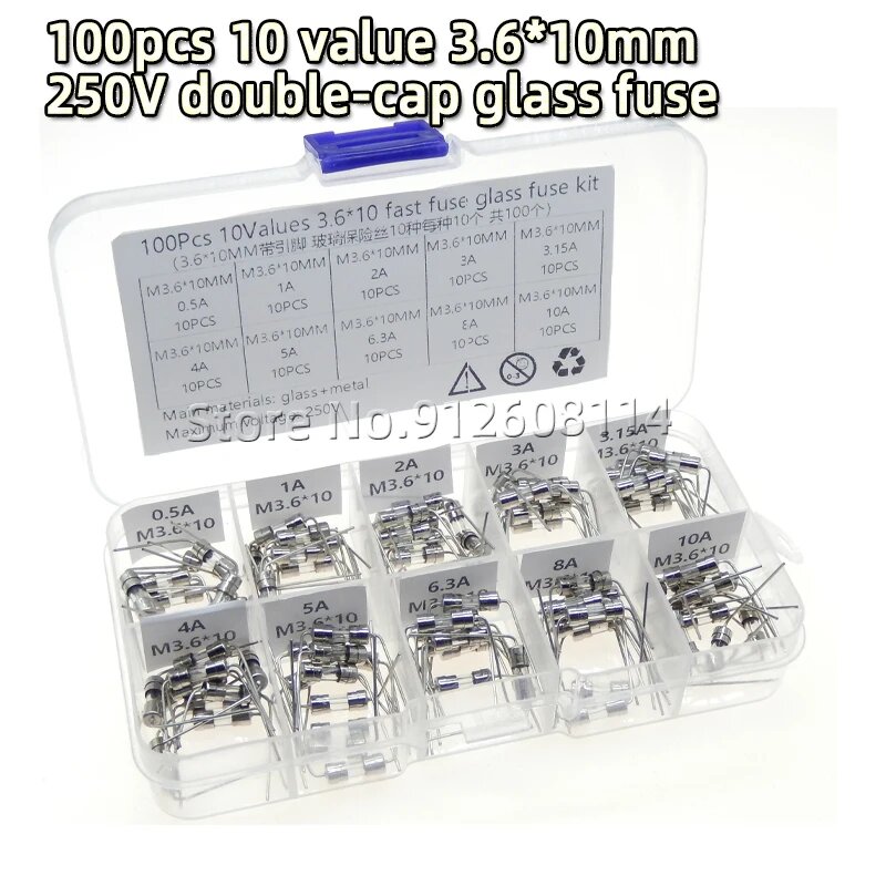 100 шт./кор, 10 значений, 3,6*10 мм, 250 В, комплект осевых стеклянных предохранителей с двойной железной крышкой и проводниками 0,5 А, 1 А, 2 А, 3 А, 3,15 А, 4 А, 5 А, 6,3 А, 8 А, 10 А